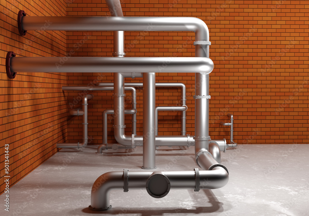 Utility room. Steel water pipes. Silver piping in technical room. Three ...
