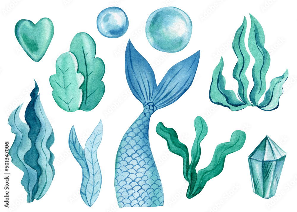 Mermaid tail on isolated white background, hand drawn, watercolor ...