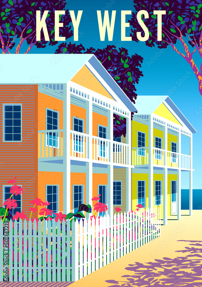 Key West travel poster. Beautiful landscape with houses, beach, palms ...