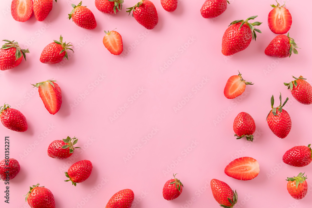 Juicy ripe strawberries on pink background, top view. Strawberry frame ...
