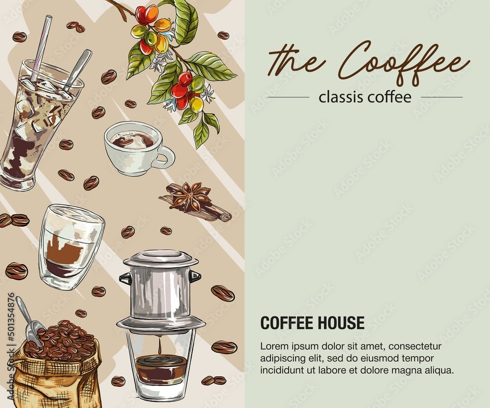 Hand drawn of coffee beans, coffee cups with vietnamese coffee drip ...