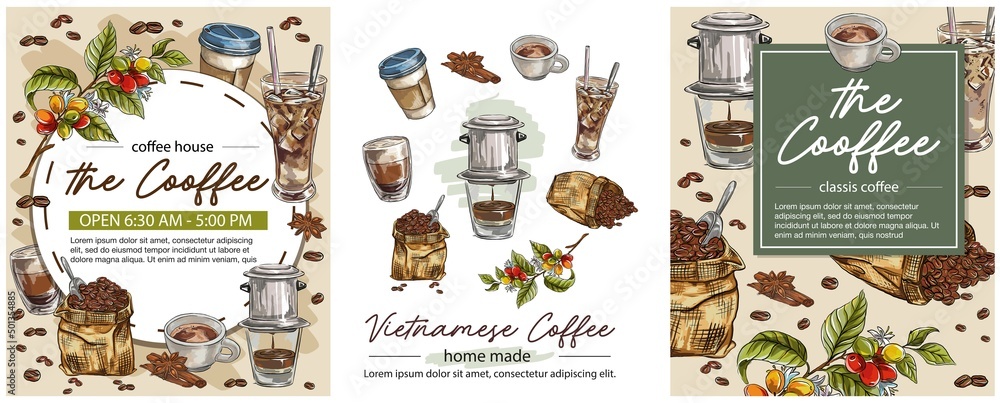 set Hand drawn set of coffee elements, coffee cups with vietnamese ...