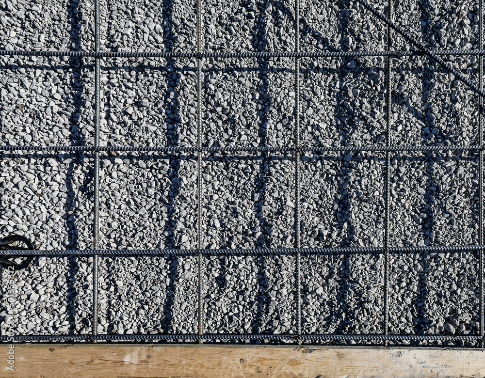 Reinforcement rebar layover crushed stone at construction site, prepare ...