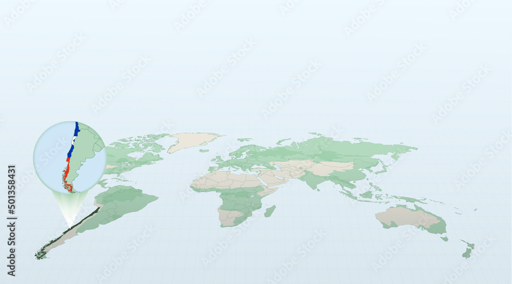 World map in perspective showing the location of the country Chile with ...