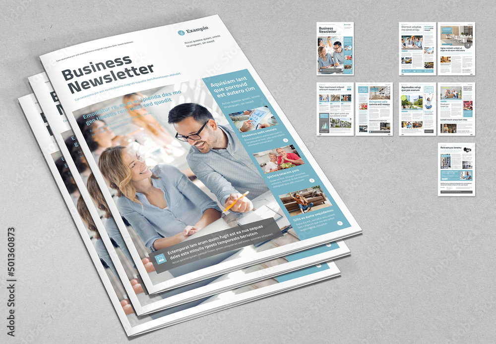 Business Newsletter Layout with Pale Blue and Gray Elements Stock ...