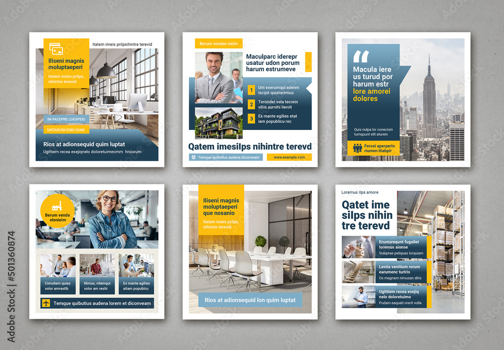 Square Social Media Post Layouts with Blue and Yellow Elements Stock ...