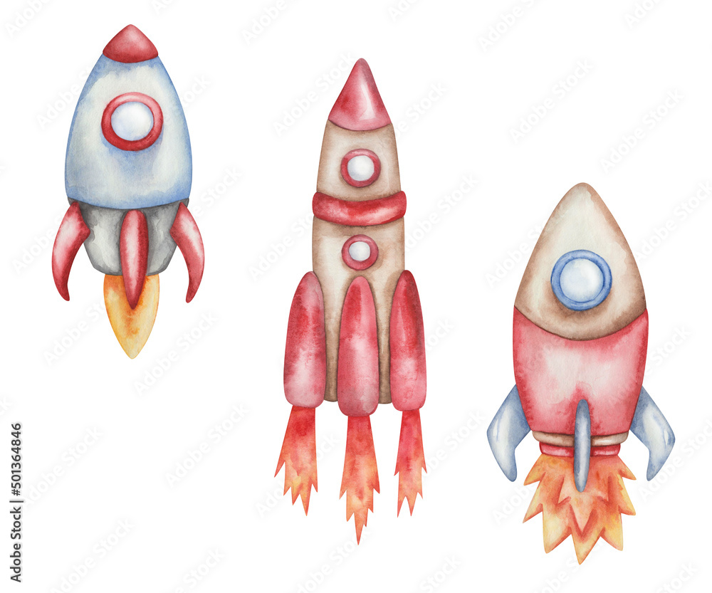 Watercolor illustration of hand painted rockets flying in outer space ...