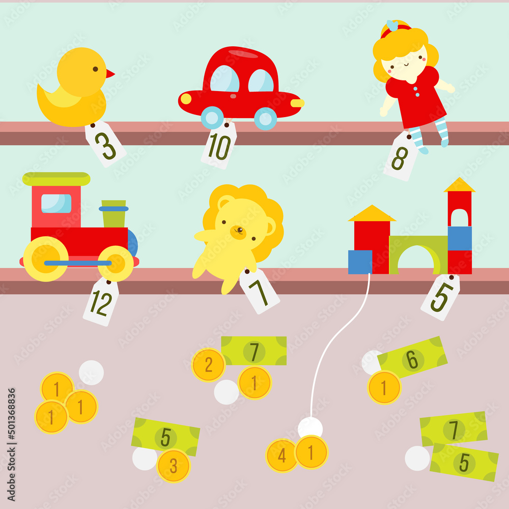 Mathematics educational children activity. Study counting and money for ...
