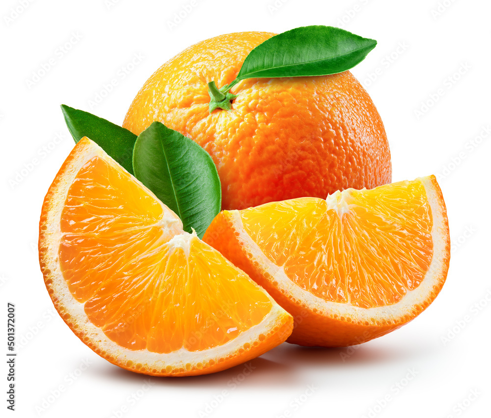 Orange slice isolated. Orange with slice and leaves on white background ...