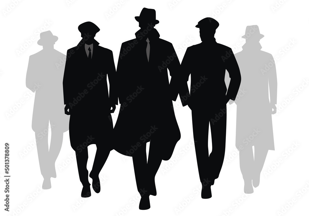 Group of men walking down the street wearing retro style clothes ...