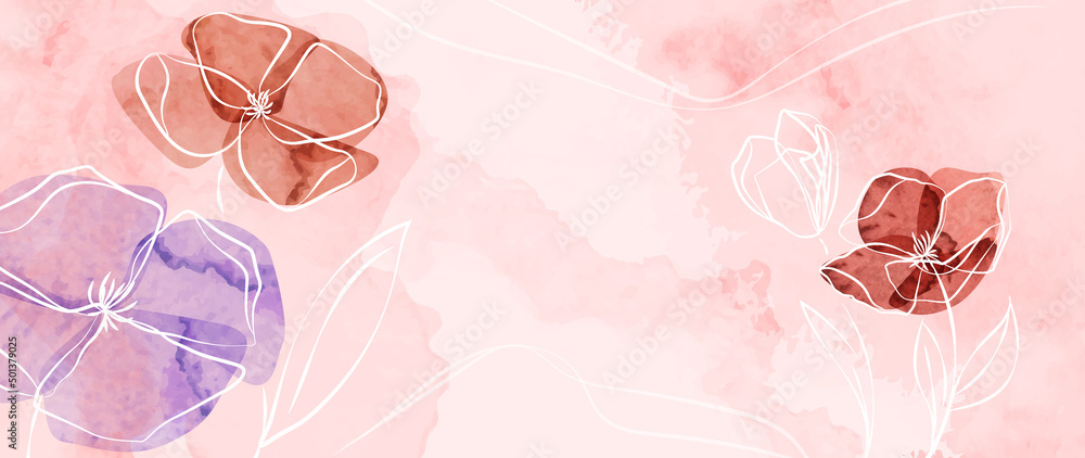 Botanical pink art background with flowers in line art style ...