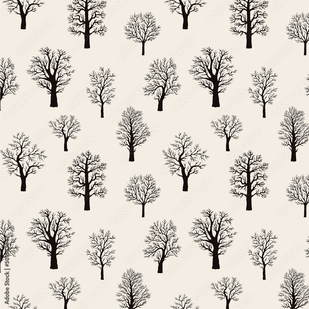 The pattern is seamless with dark silhouettes of brown trees without ...