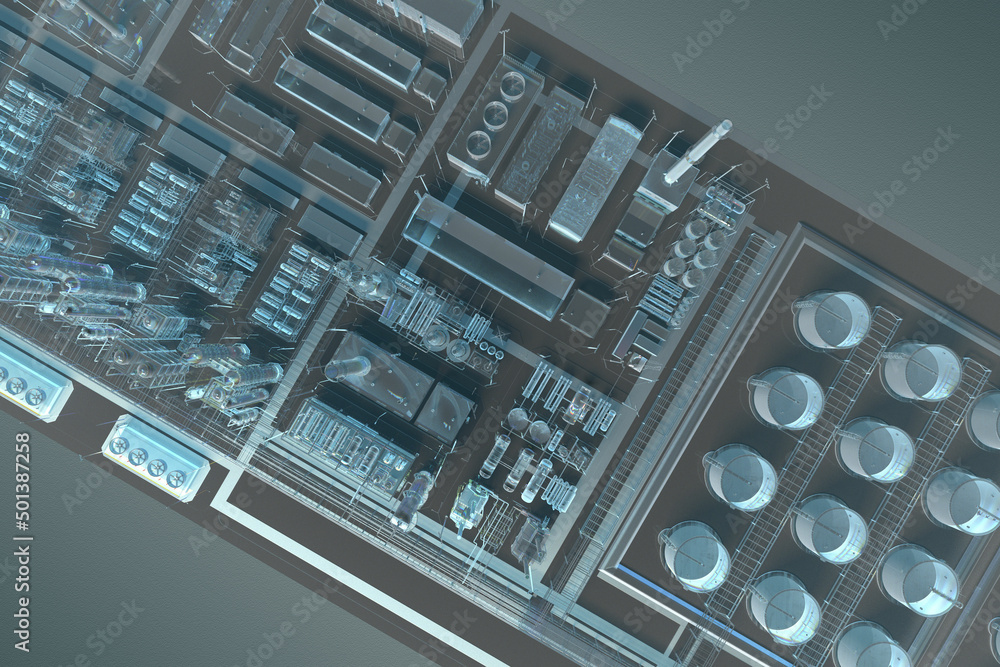 rendered 3d model of industrial oil gas methanol refinery with glowing ...