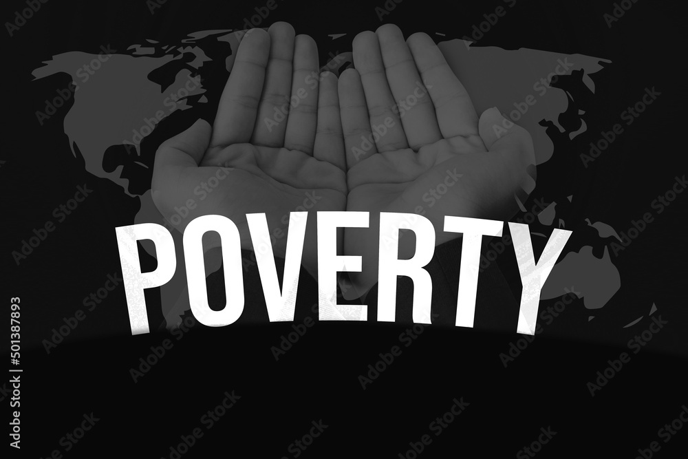 Poverty around the world concept background with a raised hand in black ...