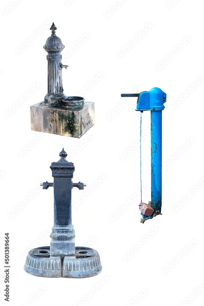 three antique iron water columns of different design isolated on white ...