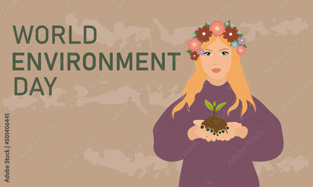 World Environment Day banner with woman. Woman holding plant a tree ...