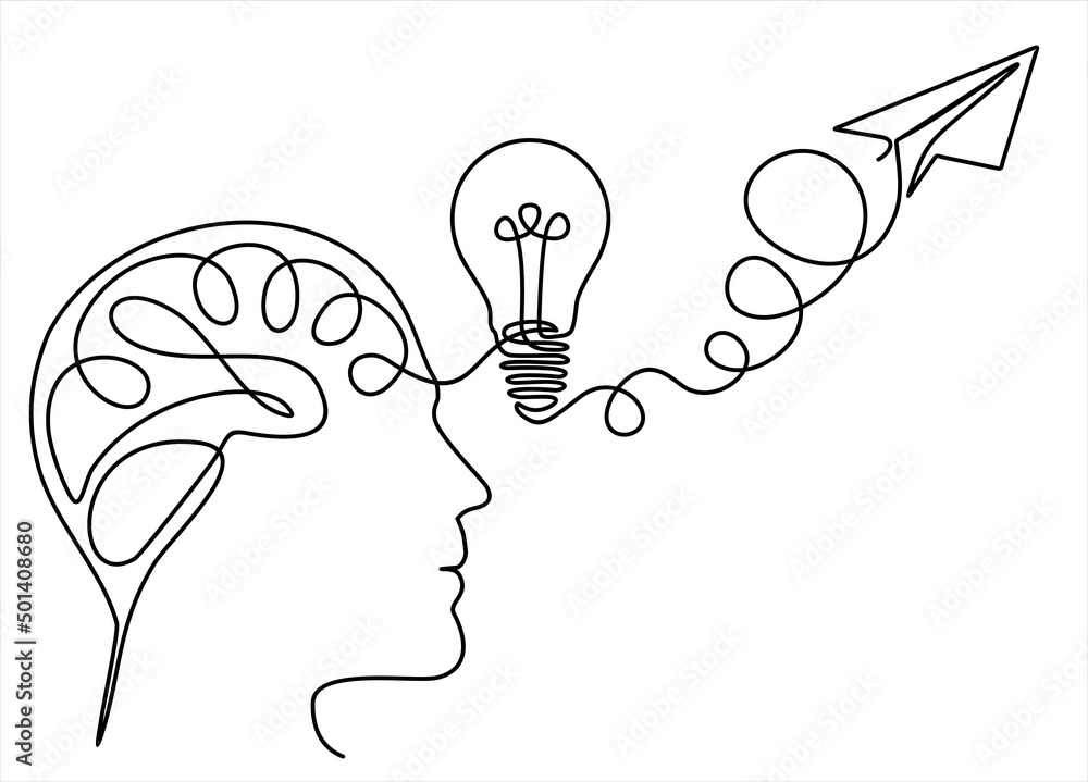continuous modern drawing of a human head and brain thinking about ...