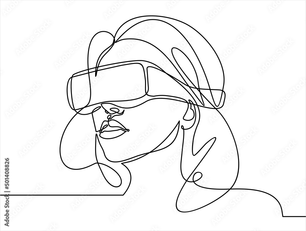 Continuous one line drawing Woman in glasses device virtual reality ...