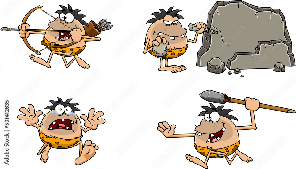 Caveman Cartoon Characters. Vector Hand Drawn Collection Set Isolated ...
