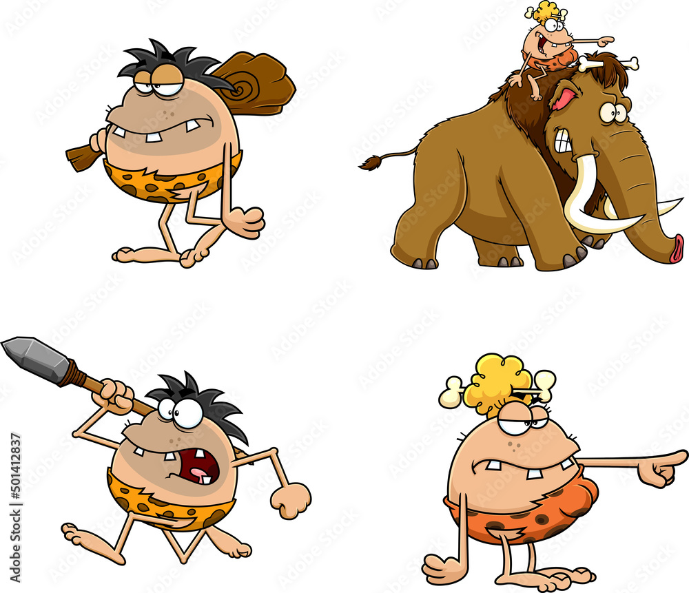 Caveman Cartoon Characters. Vector Hand Drawn Collection Set Isolated ...