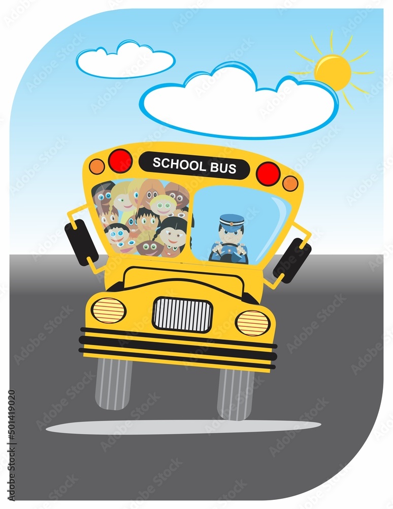 Cartoon happy students rides bus going to school back to school concept ...