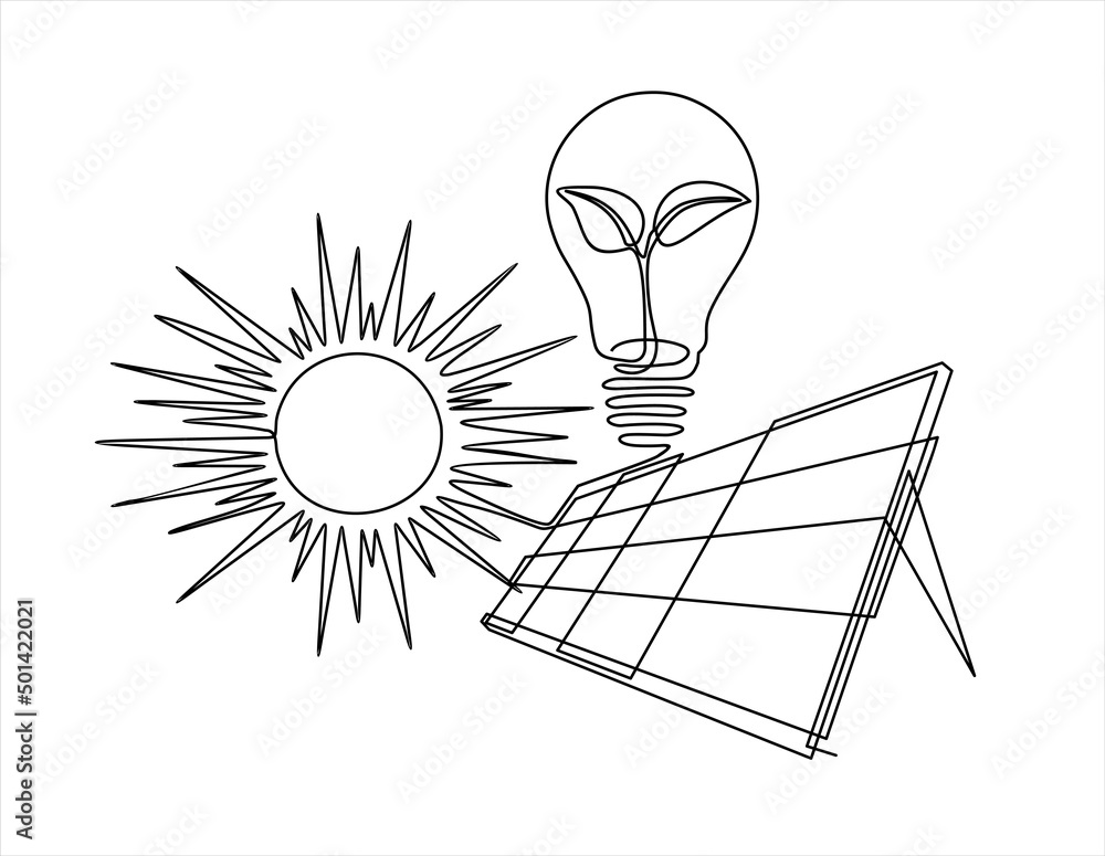 Continuous line drawing solar panel, sun and light bulb, symbol for ...