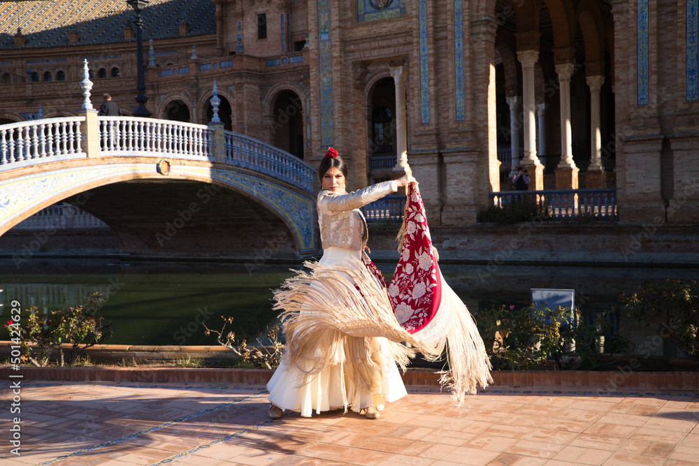 Flamenco dancer, woman, brunette and beautiful typical spanish dancer ...