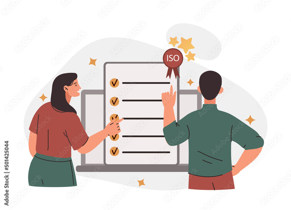 Quality control standards concept. Young man and woman analyze product ...