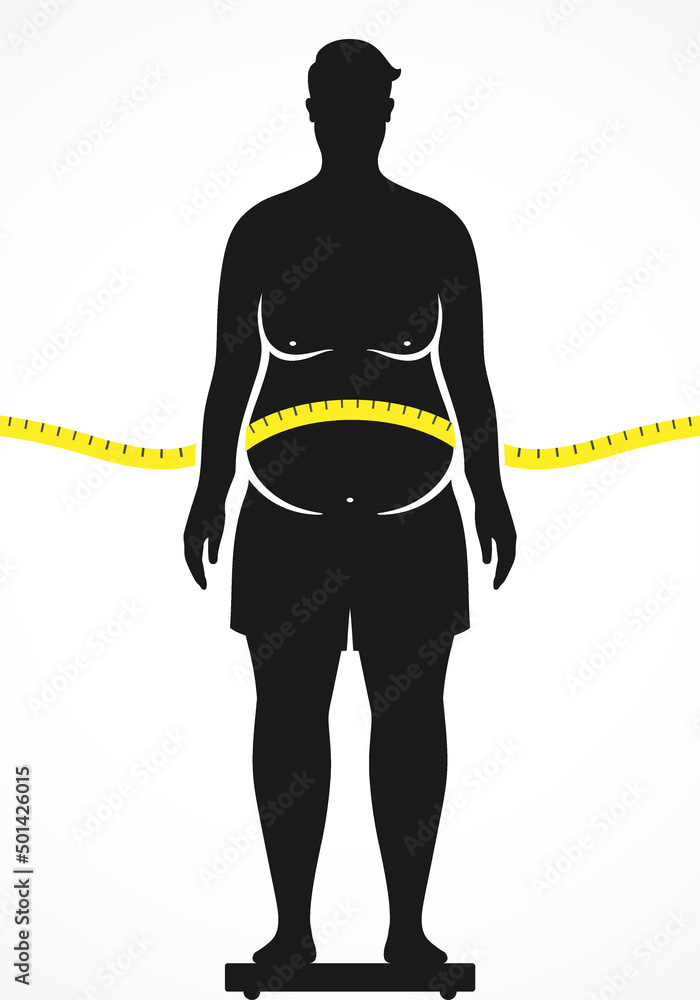 A fat man standing on scales with a tape measure around his body ...
