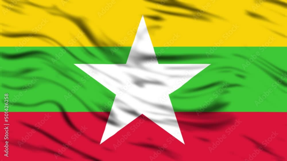 A waving national flag of Myanmar (Burma) on a fabric texture ...