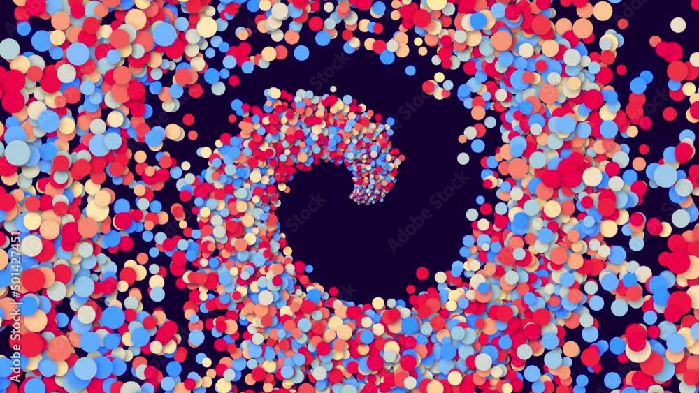 Spiral structure. Multicolored round particles fly from emitter on ...