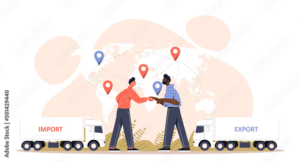 Cargo Export and Import concept. Male entrepreneurs stand next to ...