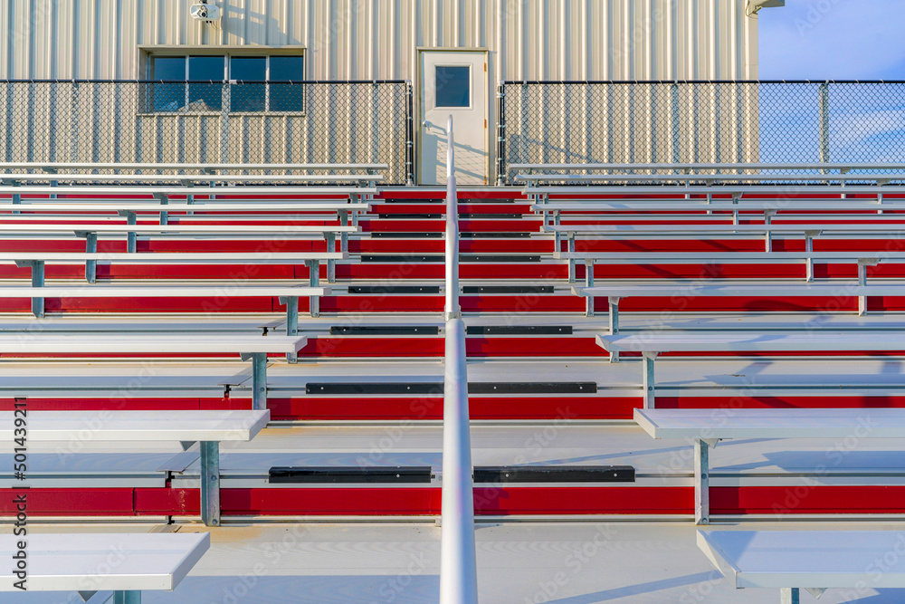 Aluminum stadium bleacher stairway with railing and steps looking up ...