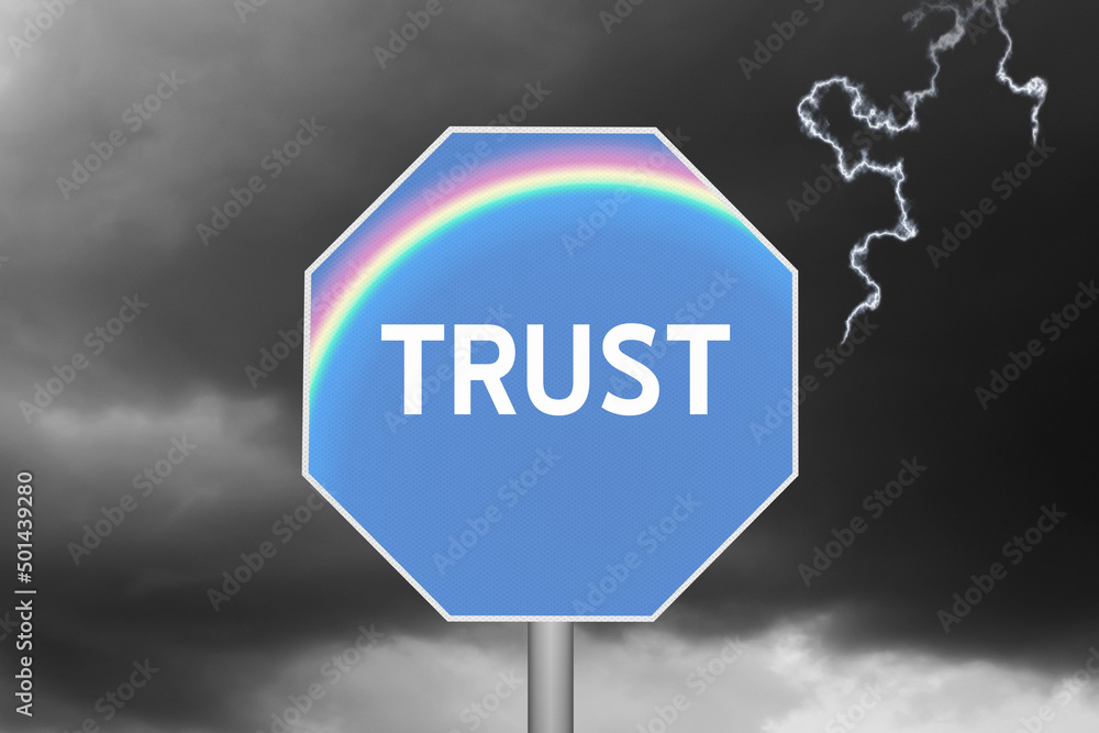 sign with rainbow and blue sky on storm background with lightning and ...