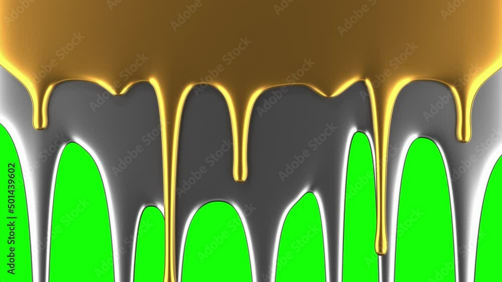 Molten gold and silver drips on green screen and transparent background ...