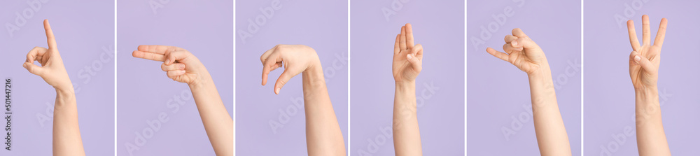 Hands showing different letters on lilac background. Sign language ...