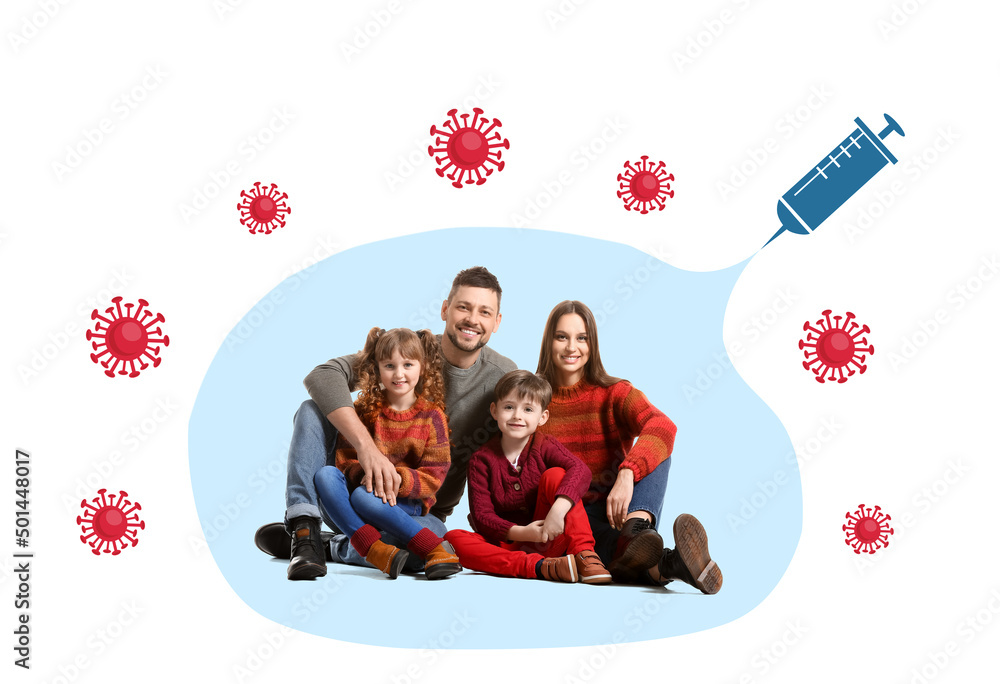 Healthy family, drawn syringe and viruses on white background. Concept ...