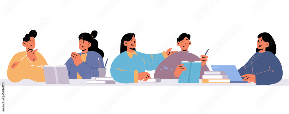 Group of students studying together, young girls and boys reading books ...