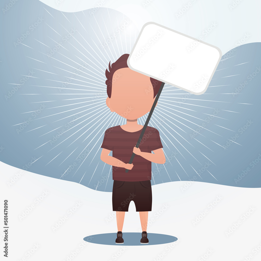 A cute little boy with a blank sign. Place for your logo, text or ...