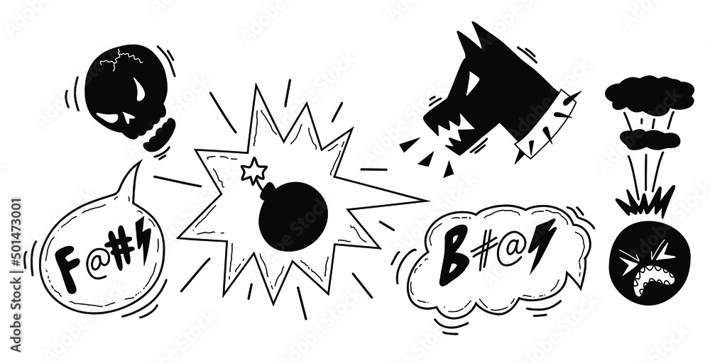Vecteur Stock Doodle hand drawn speech bubble with swear words symbols ...