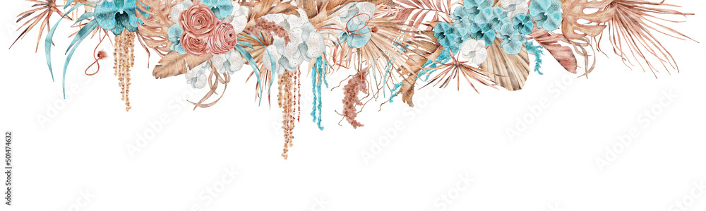 Watercolor tropical border with dried palm leaves and flowers Hand ...