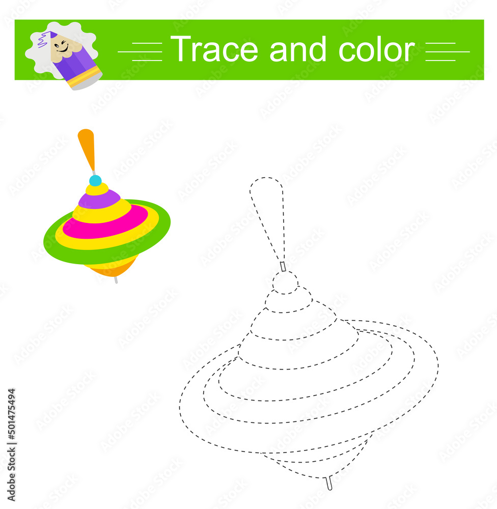 Trace and color for kids, pinwheel toy vector. Preschool worksheet for ...
