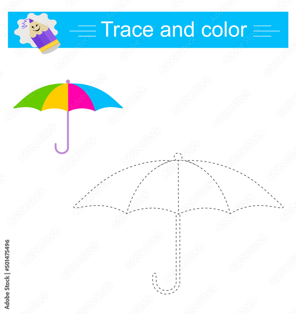 Trace and color for kids, umbrella vector. Preschool worksheet for ...