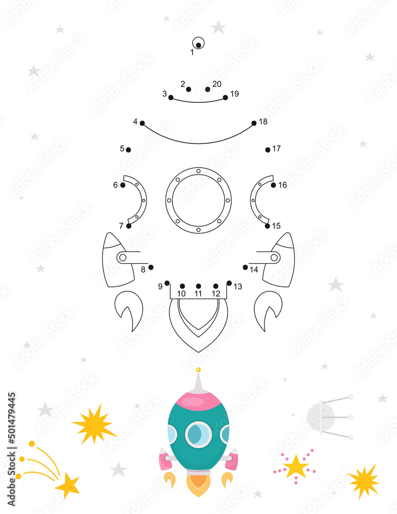 Space activities for kids. Dot to dot game – Blue Rocket Ship. Numbers ...