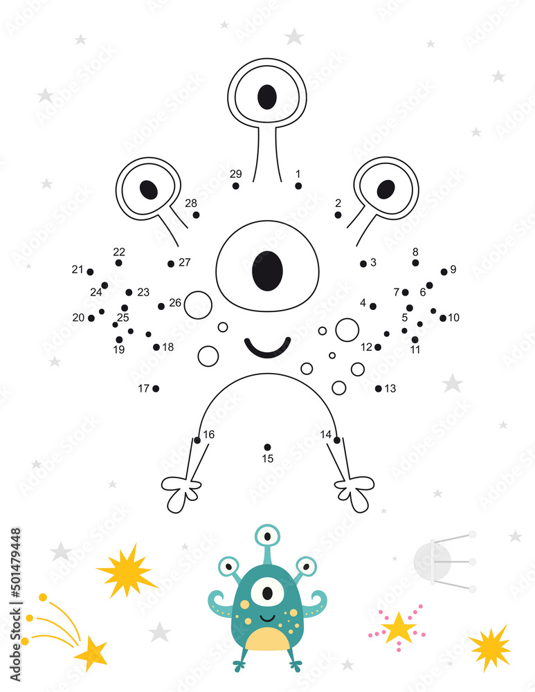 Space activities for kids. Dot to dot game – Cute Green Alien. Numbers ...