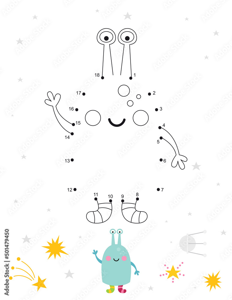 Space activities for kids. Dot to dot game – Cute Blue Alien. Numbers ...