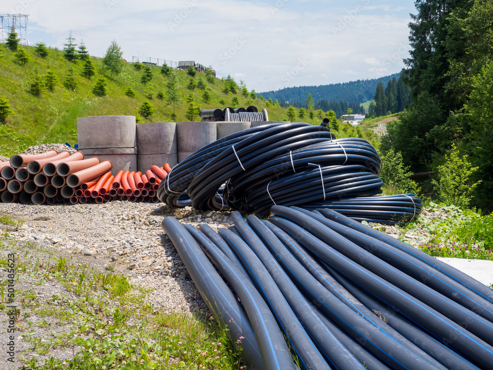 pipes in bays. Civil infrastructure pipe, water lines and sanitary ...