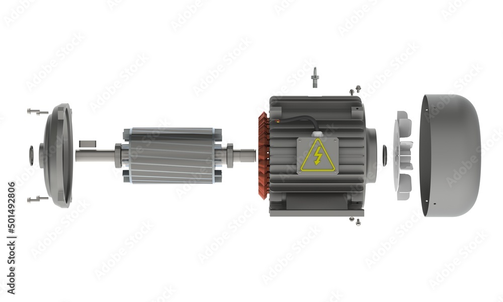 Electric motor, exploded view 3D rendering isolated on white background ... Electric motor, exploded view 3D rendering isolated on white background ...