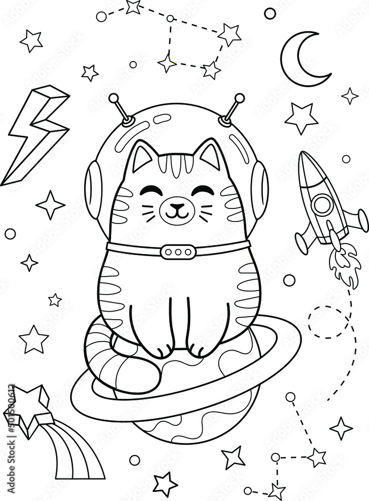 Cute cat astronaut sitting on Saturn. Vector outline isolated for ...