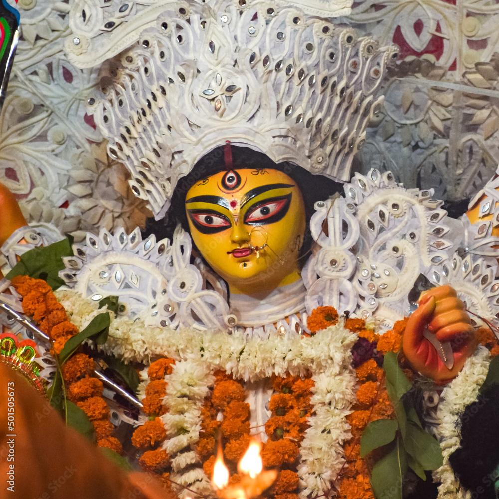 Goddess Durga with traditional look in close up view at a South Kolkata ...